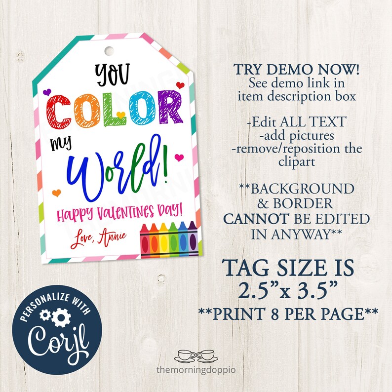 Printable/editable You Color My World Crayon Valentines Day Favor Gift ...