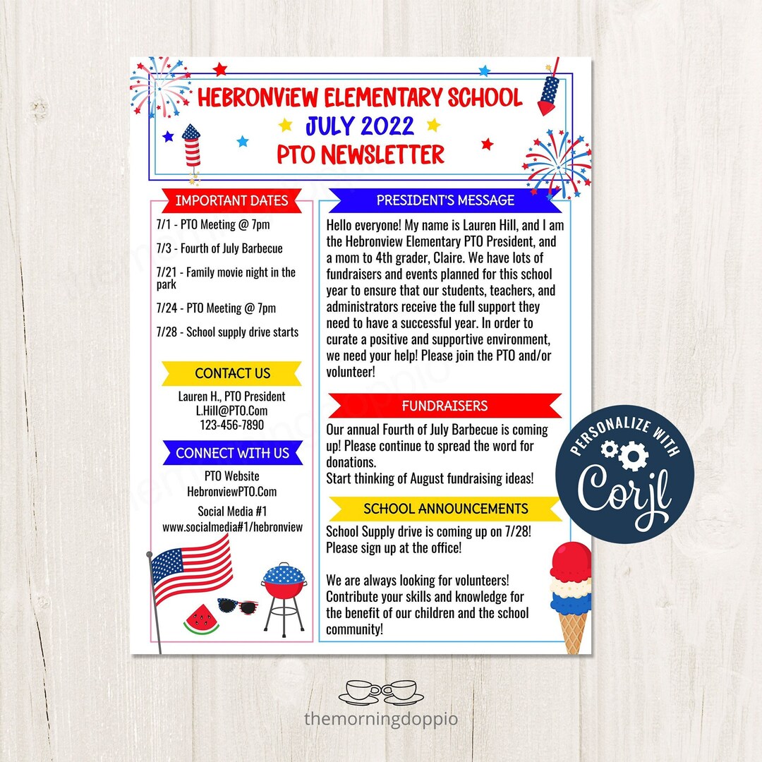 Editable July PTO PTA Newsletter Flyer Printable, School Year Parent ...
