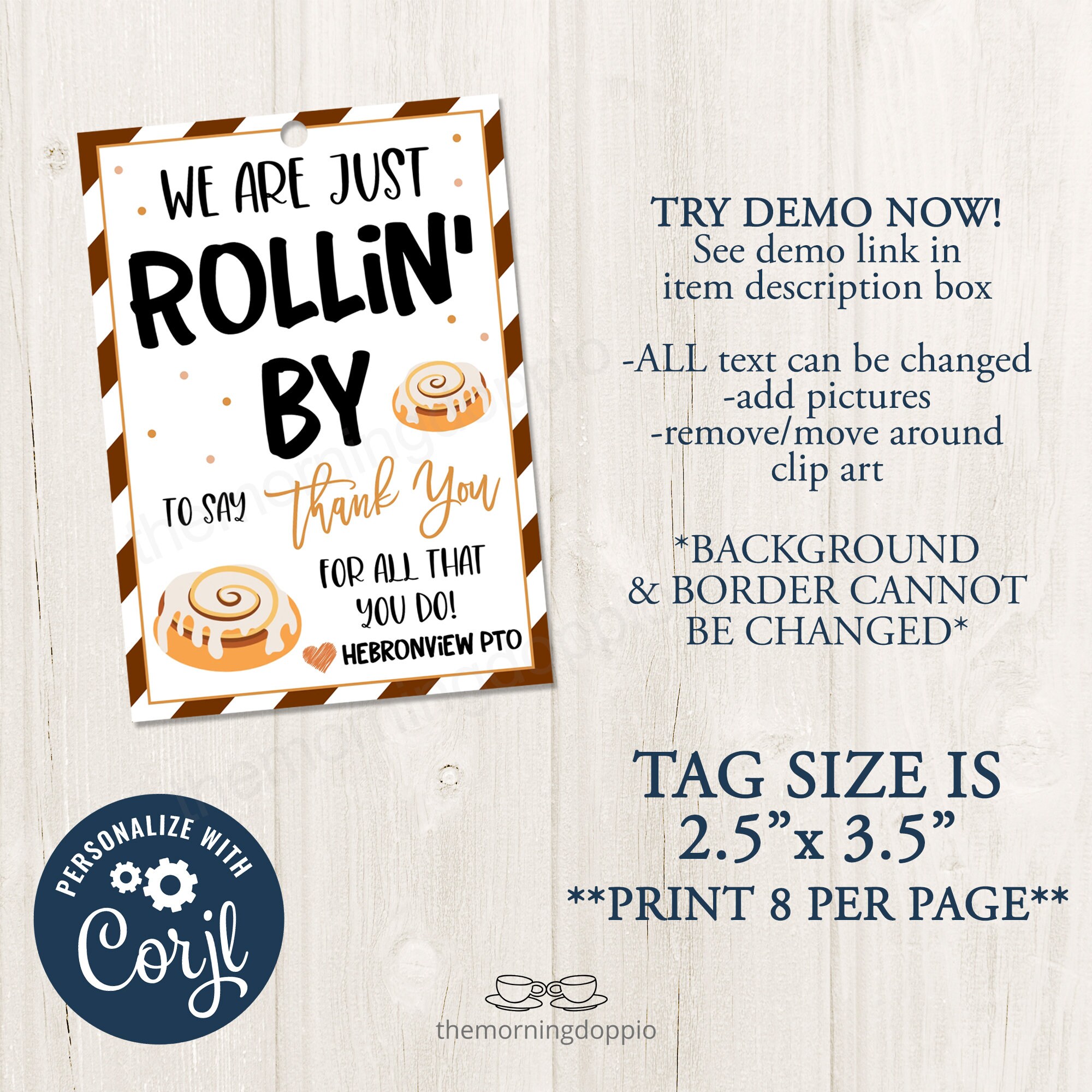 Printable/editable Rollin' by to Say Thank You Cinnamon Roll Gift Tag ...