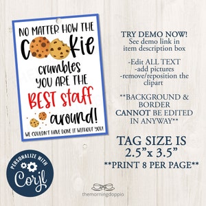 Printable/editable Cookie Thank You Cookie Treat Gift Tag for Employee ...