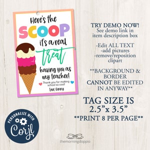 Printable/editable Ice Cream Thank You Teacher Gift Tag for Teacher ...
