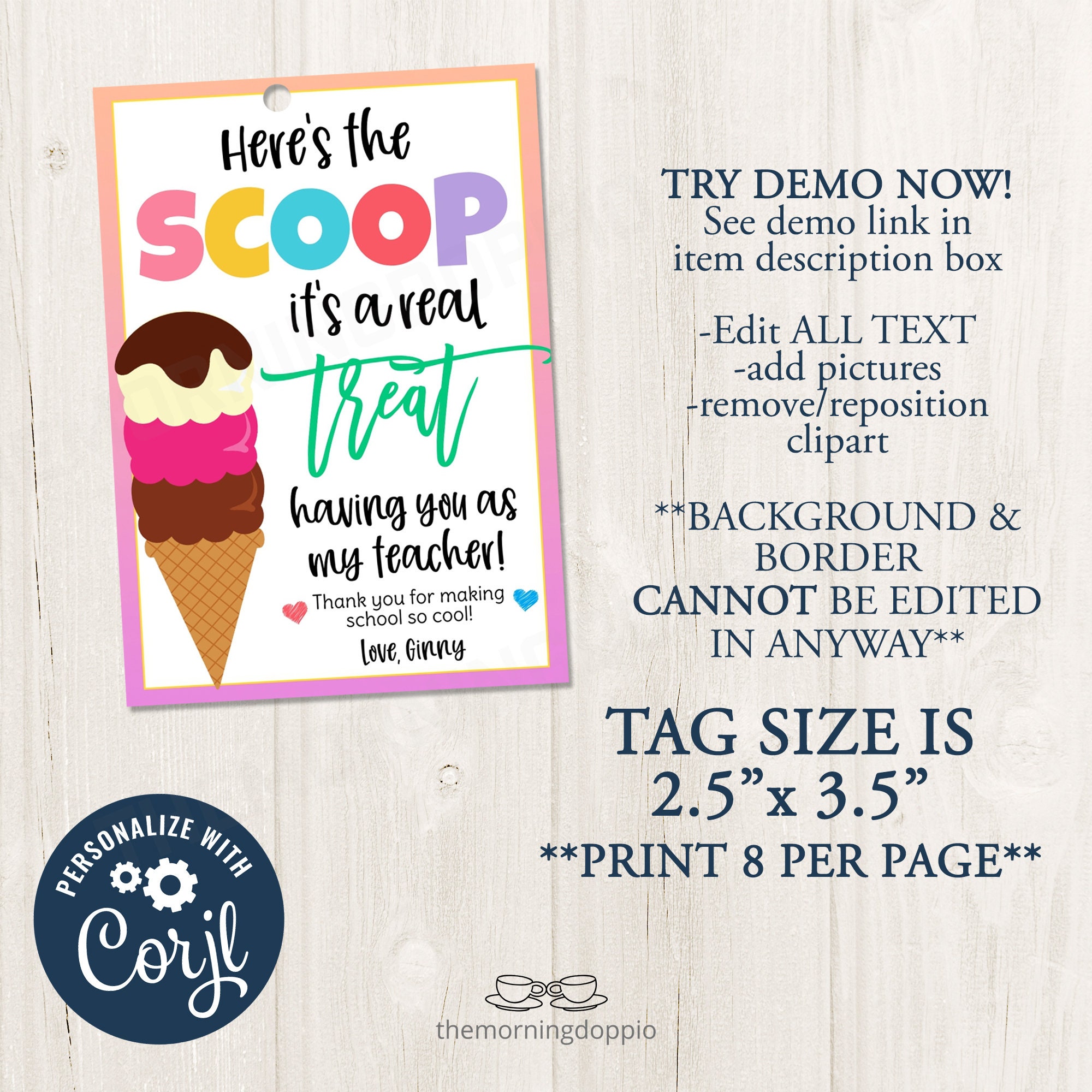 Printable/editable Ice Cream Thank You Teacher Gift Tag for Teacher ...