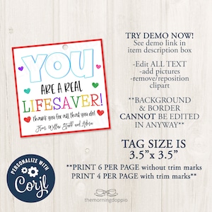 Printable/editable You Are a Real Lifesaver Gift Tag for Teachers ...