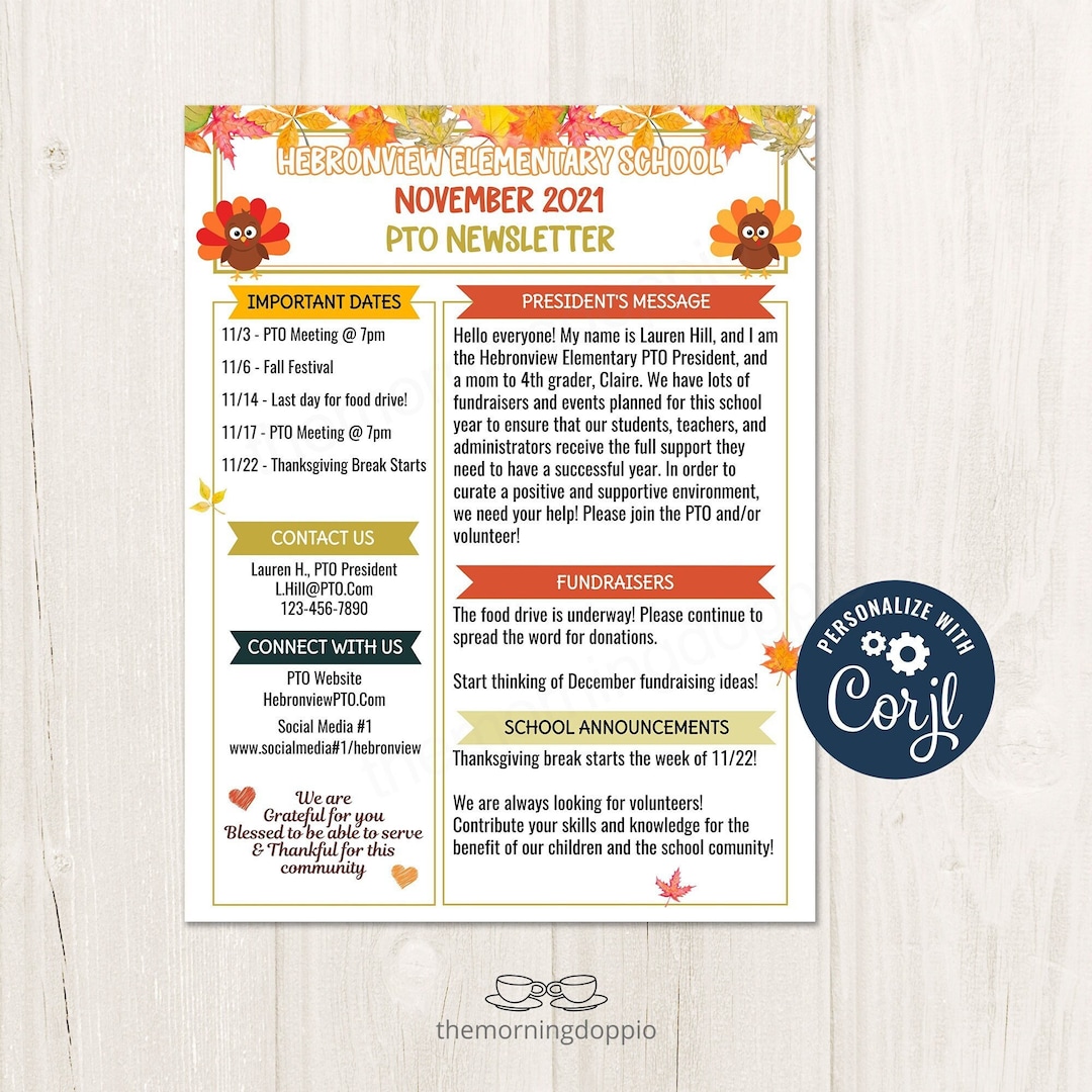 Editable November PTO PTA Newsletter Flyer Printable, School Year ...