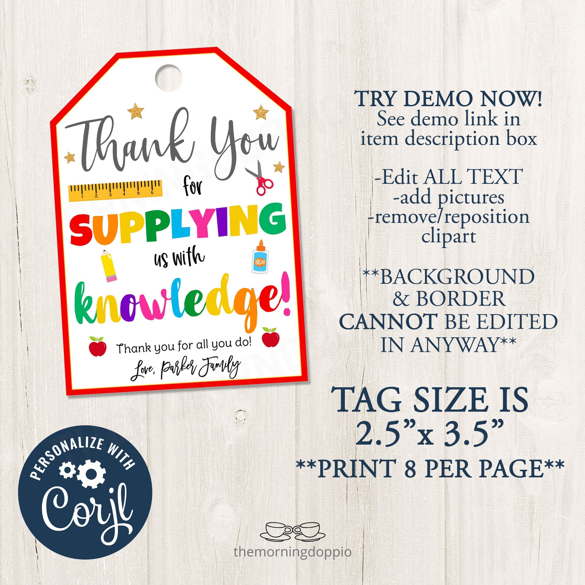 Printable/editable School Supplies Thank You Appreciation Gift Tag for ...