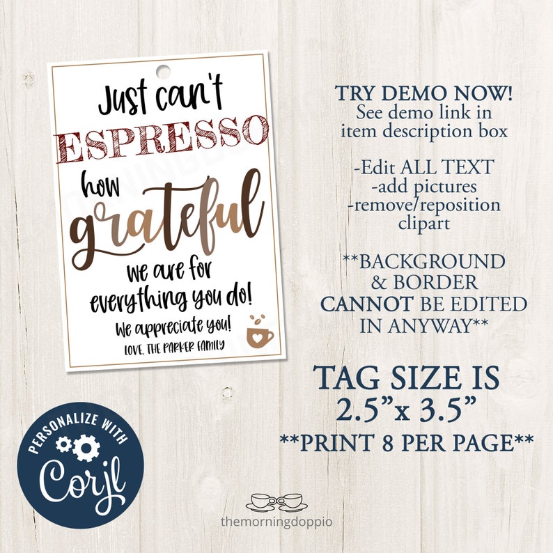 Printable/editable Can't Espresso Gratitude for You Coffee Gift Tag ...