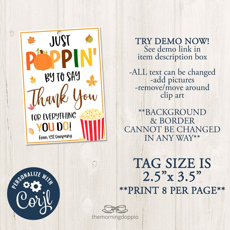 Printable/editable Just POPPIN' by to Say Thank You Popcorn Fall ...