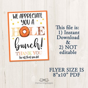 Printable We Appreciate You a HOLE Bunch Thank You Sign, PTO Teacher ...