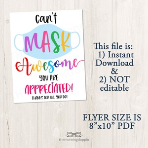 Printable Can't Mask Awesome Sign, Thank You Sign for Teachers Nurses ...