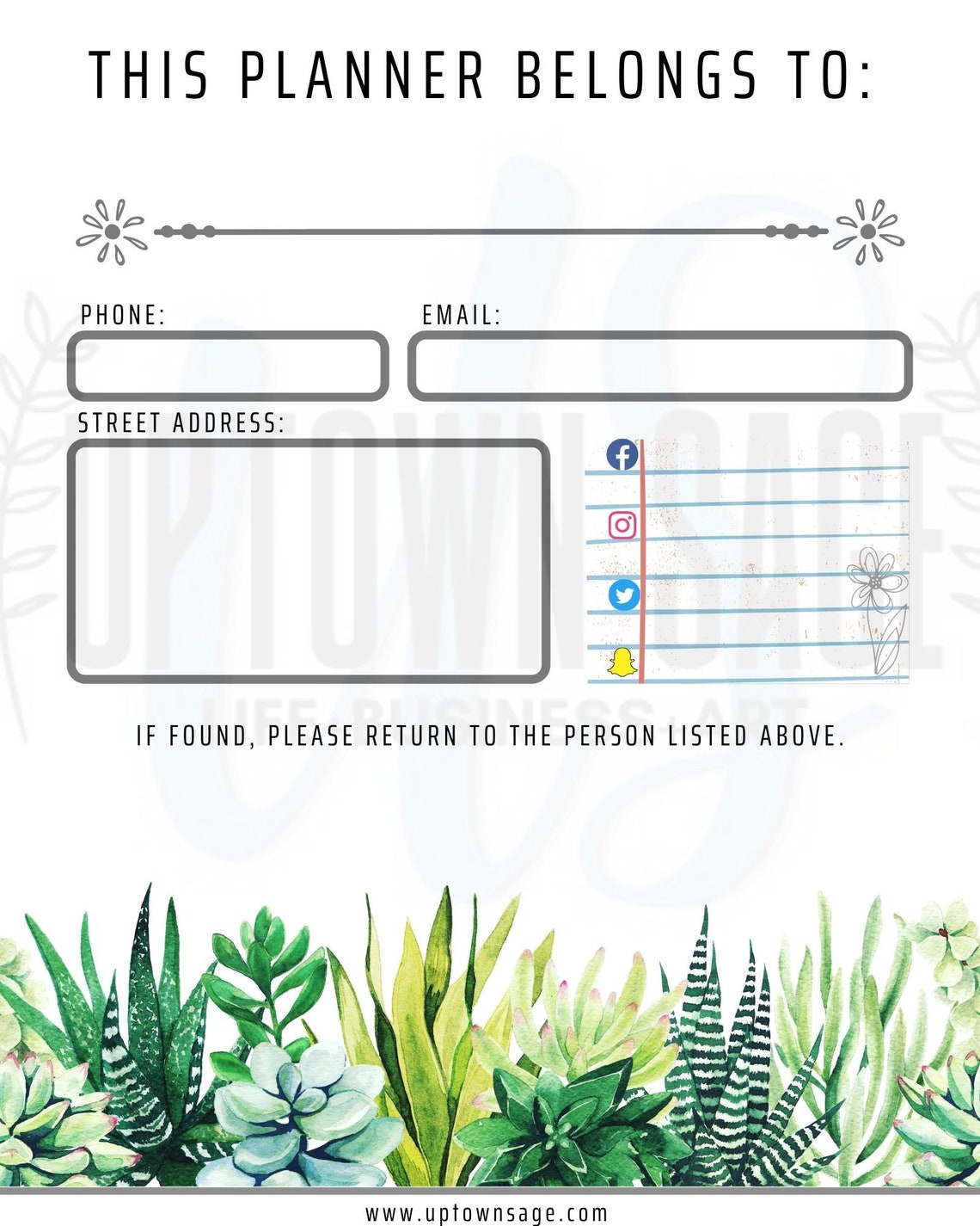 This Planner Belongs to •succulent-inspired• PDF Printable • Digital ...