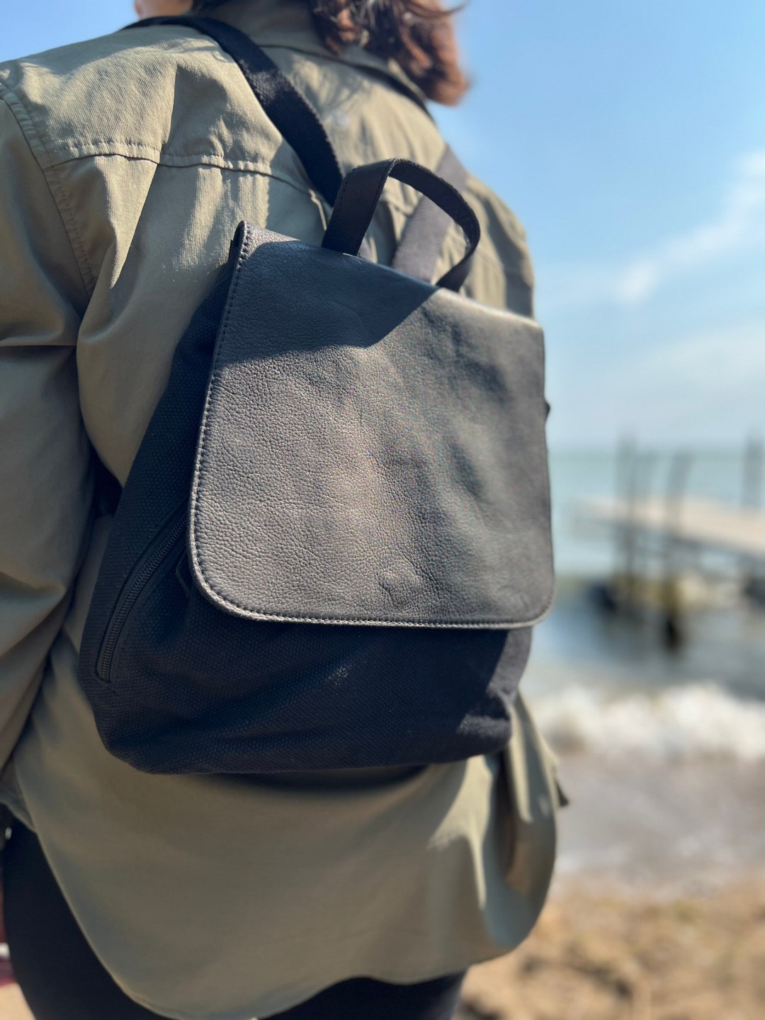 Canvas Small Backpack With Leather Flap, Small Backpack, Canvas Bag ...