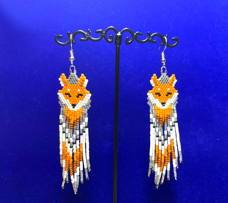 Fox Seed Beaded Earrings, Handwoven Seed Bead Statement Earrings, Light ...
