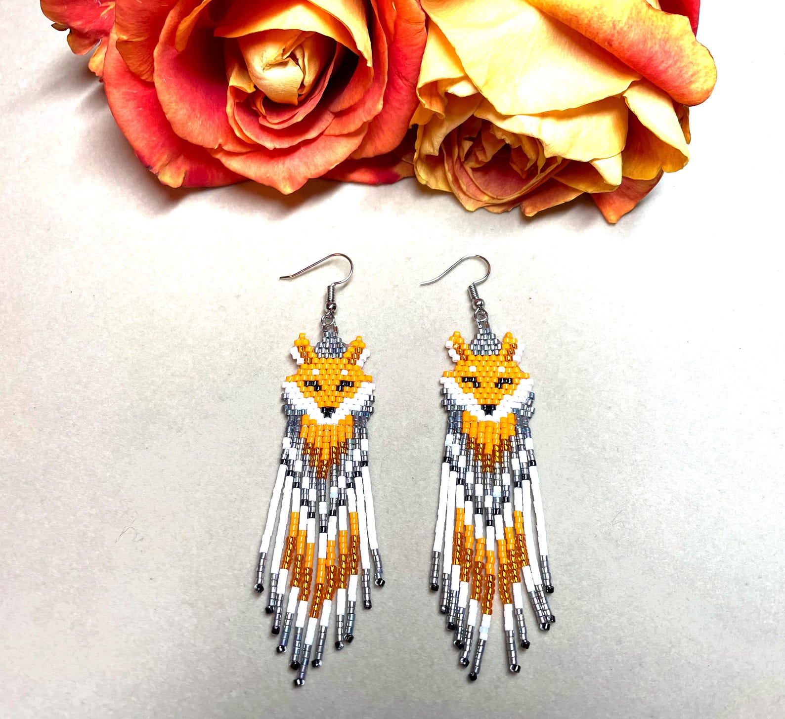 Fox Seed Beaded Earrings, Handwoven Seed Bead Statement Earrings, Light ...