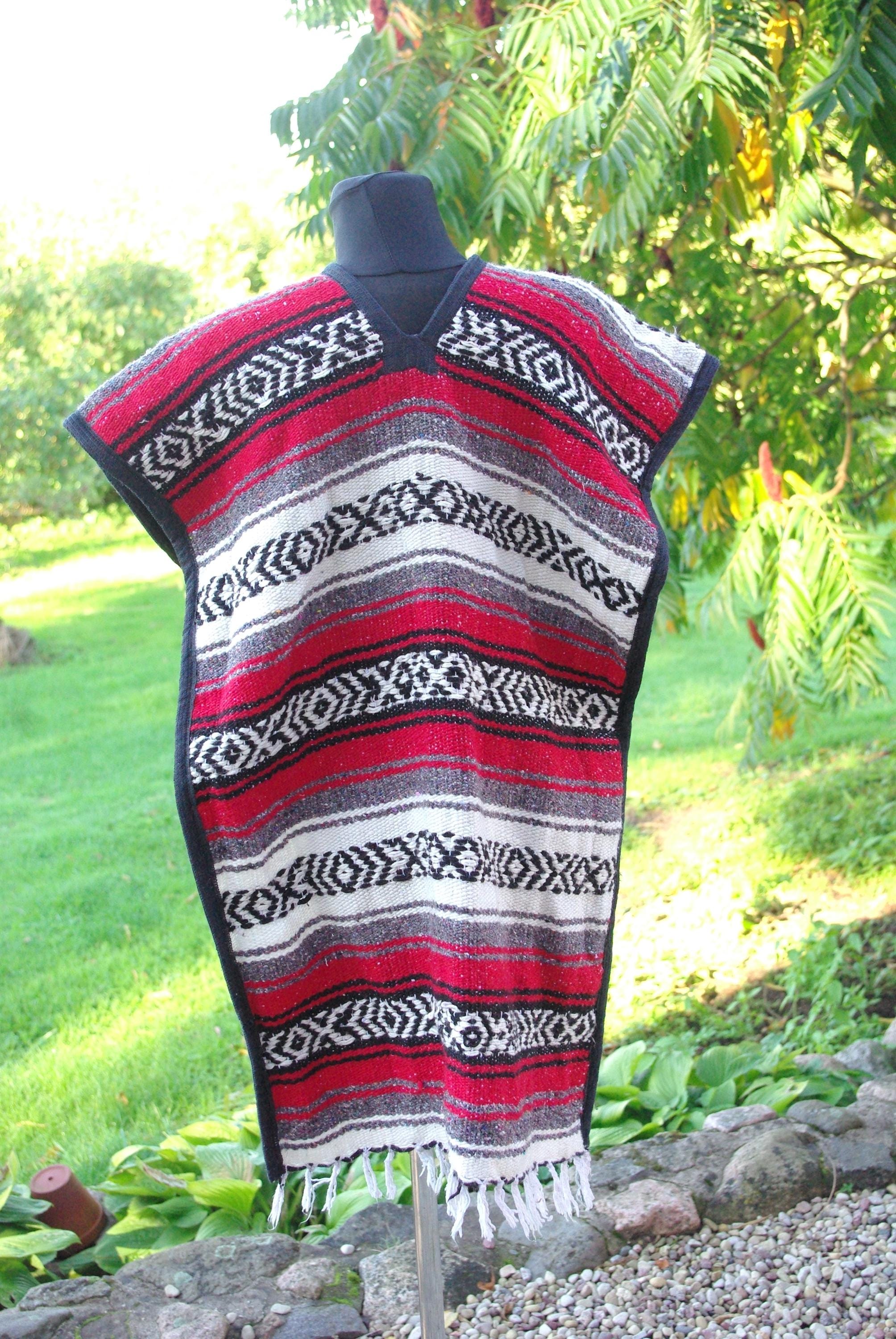 M Size/vintage Cotton Red Poncho,mexican Poncho,mexican Blanket Poncho ...