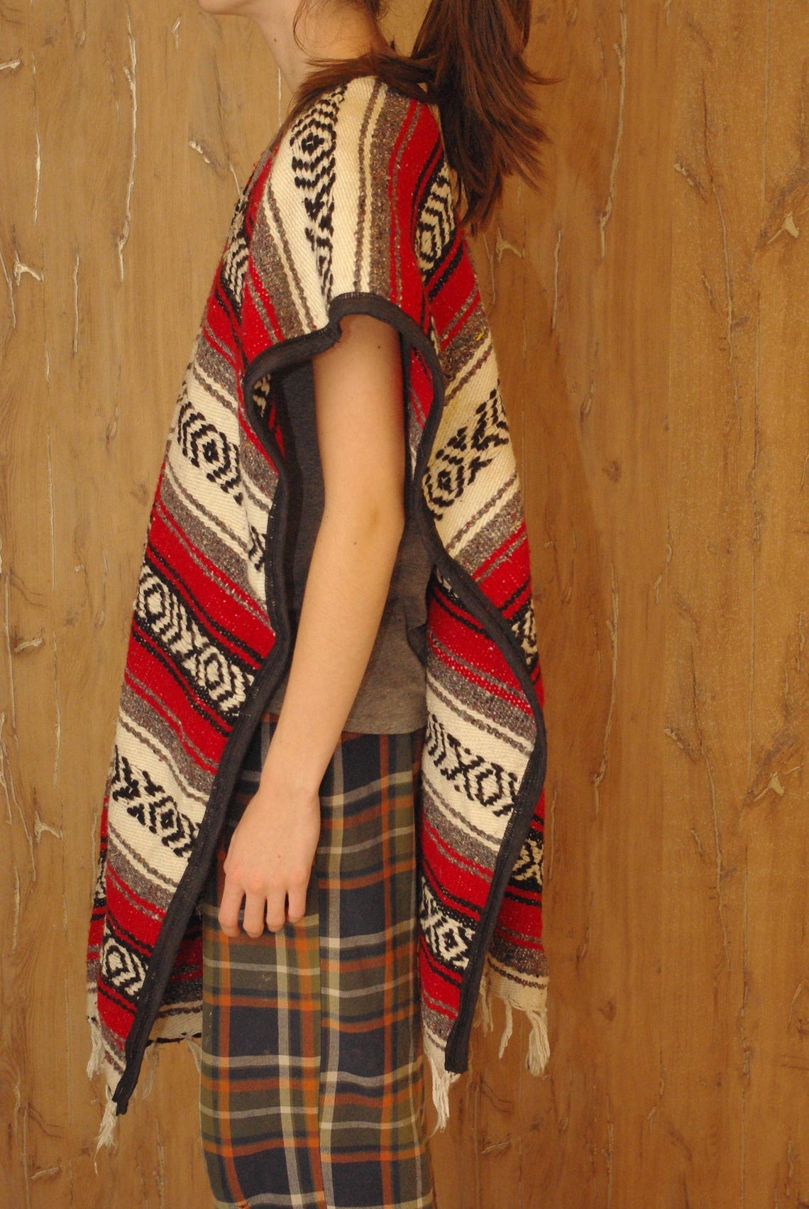 M Size/vintage Cotton Red Poncho,mexican Poncho,mexican Blanket Poncho ...