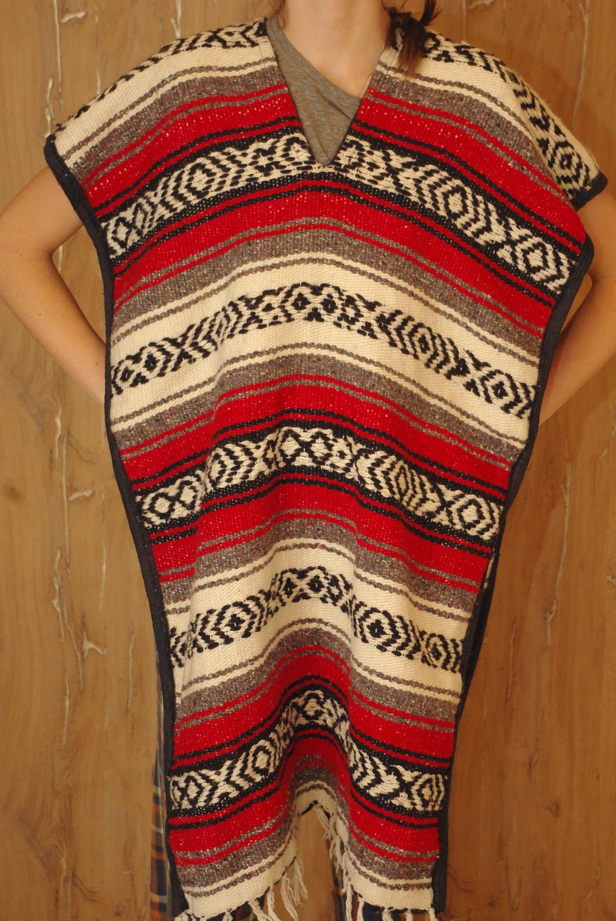 M Size/vintage Cotton Red Poncho,mexican Poncho,mexican Blanket Poncho ...