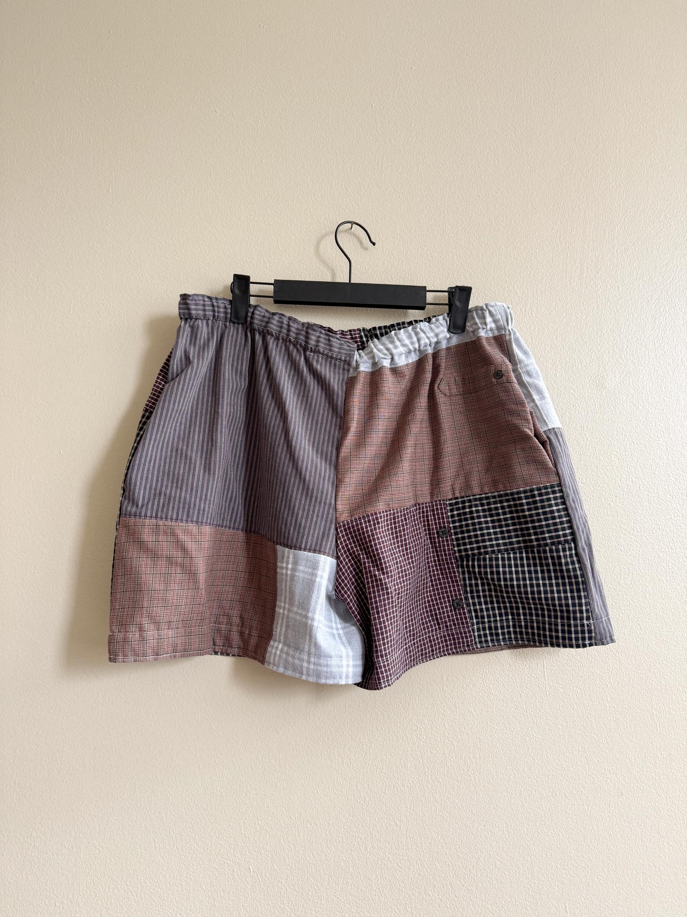 Patchwork Upcycled Button Down Boxer Style Shorts | Elastic Waist ...