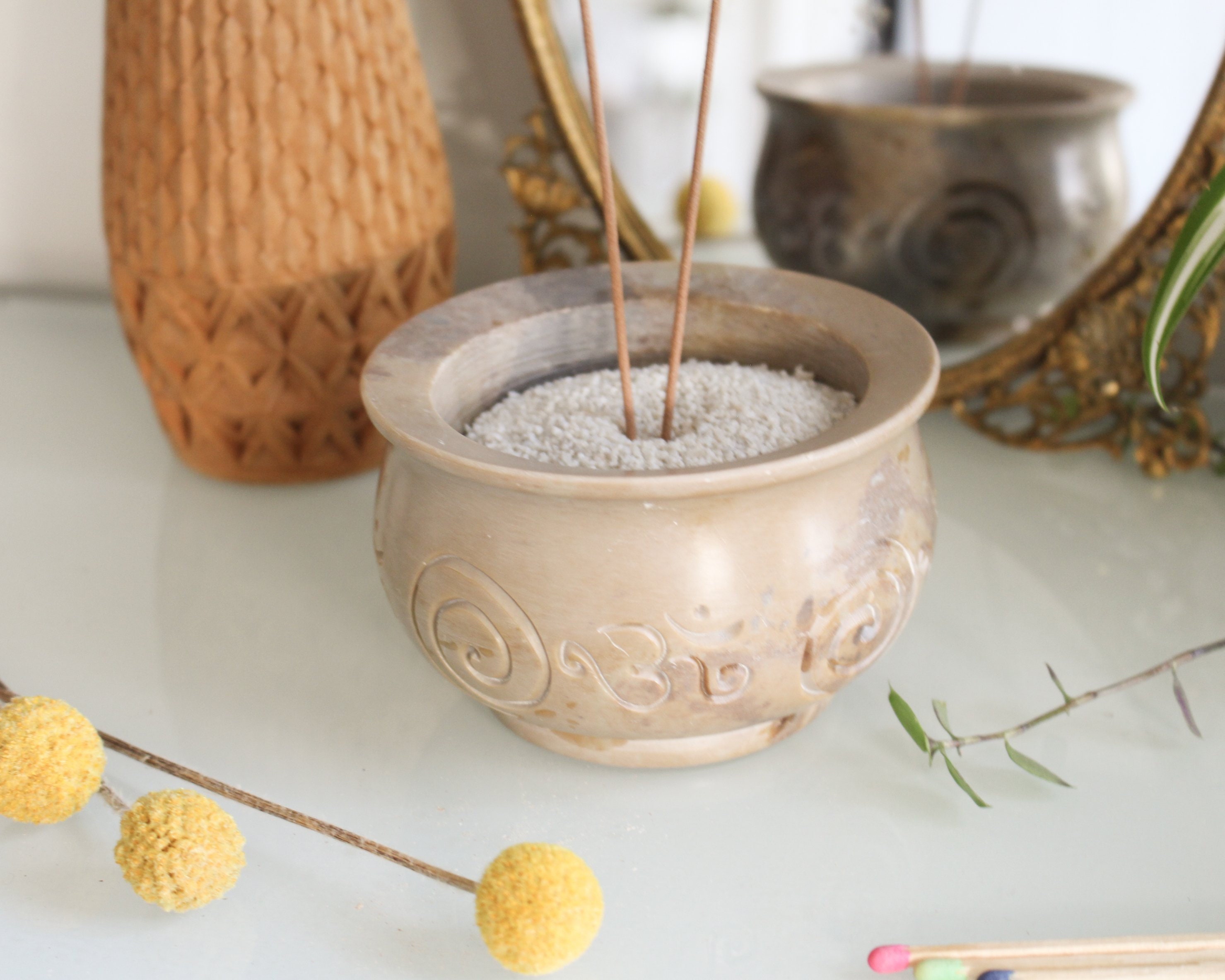 Ohm Engraved Beige Stone Smudging Bowl - Ceramic Incense Bowl for Stick ...