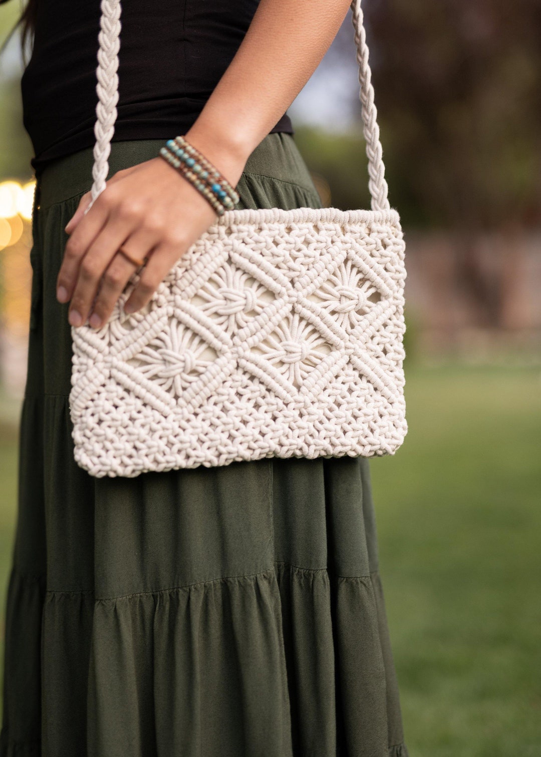 Stella White Cotton Macrame Purse - Macrame Bag - Hand Knotted Bag ...