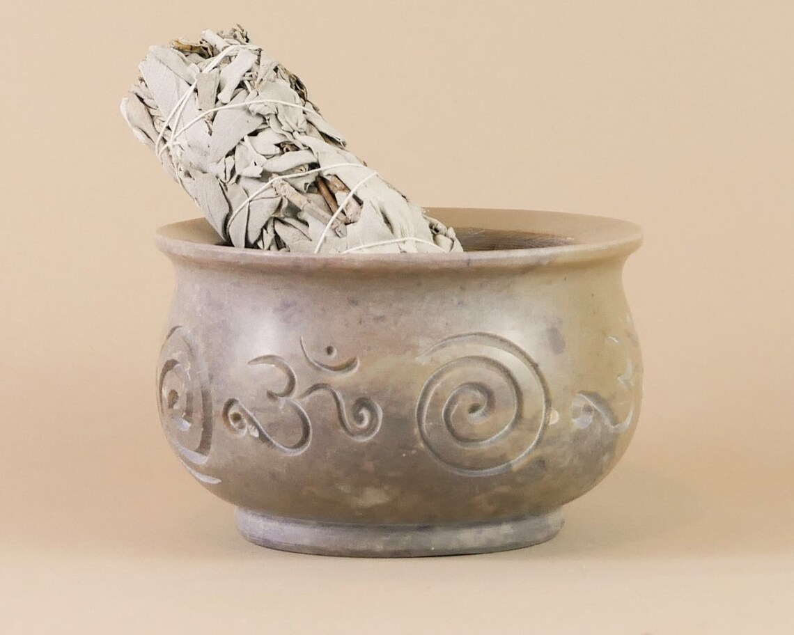 Ohm Engraved Beige Stone Smudging Bowl - Ceramic Incense Bowl for Stick ...