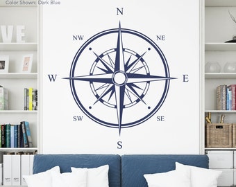 World Map Decal / Map Mural / World Sticker / Map Wallpaper / Compass ...