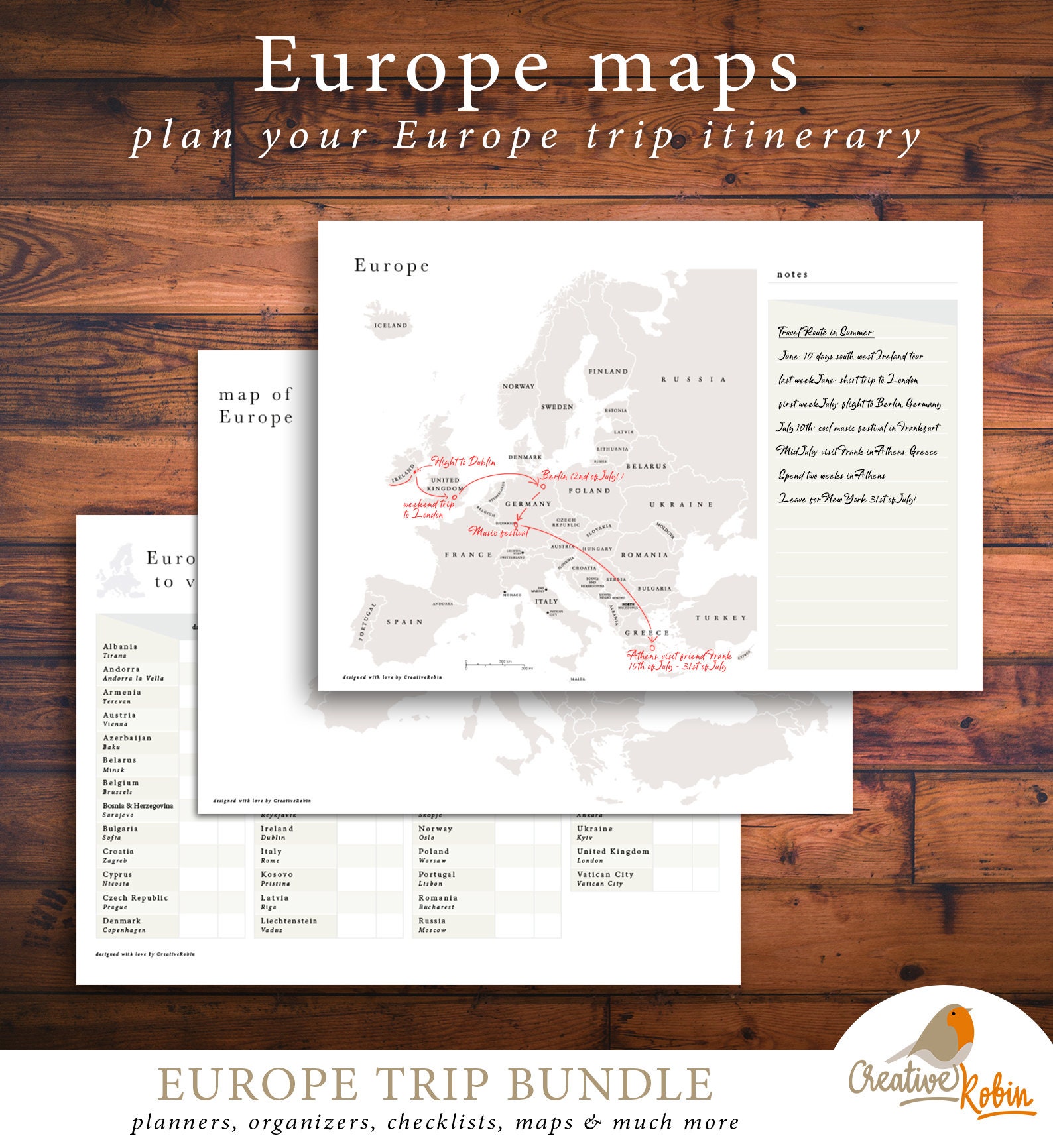 Printable TRAVEL PLANNER EUROPE Trip Planner Europe Map Travel Vacation ...