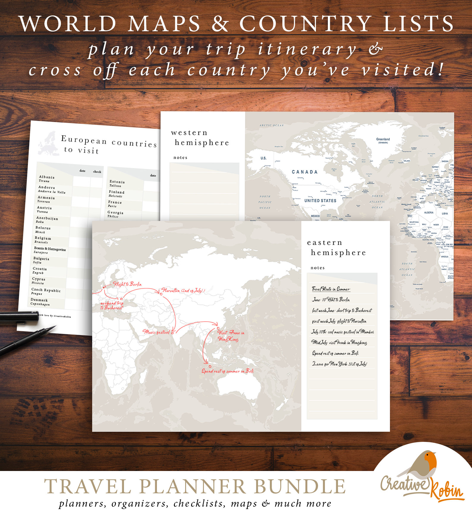 Printable TRAVEL PLANNER Kit World Trip Planner • World Map • Travel ...