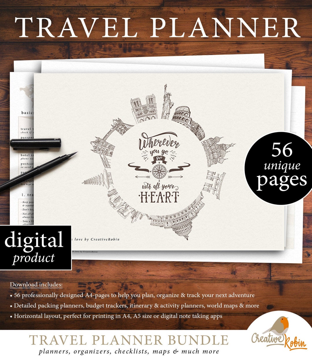 Printable TRAVEL PLANNER Kit World Trip Planner • World Map • Travel ...