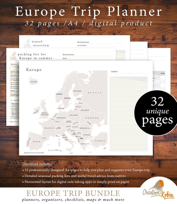 Printable TRAVEL PLANNER EUROPE Trip Planner Europe Map | Etsy