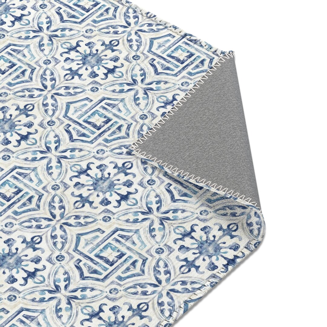 Blue Mosaic Tile Area Rugs, Blue, White, Grey Tile Print on 100% ...