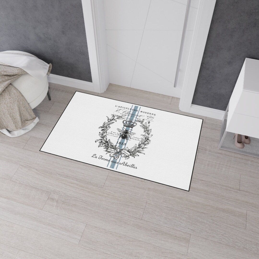 French Blue Rug, Non Slip, French Botanical Bee Artwork, Farmhouse ...