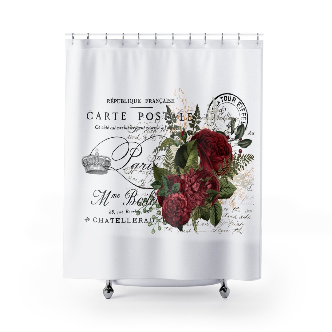French Farmhouse Shower Curtains, Carte Postal With Red Rose Art ...