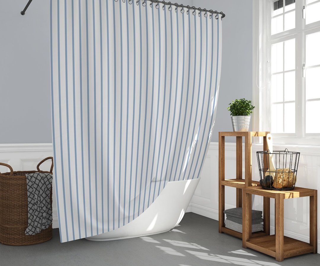 Blue and white striped shower curtain store