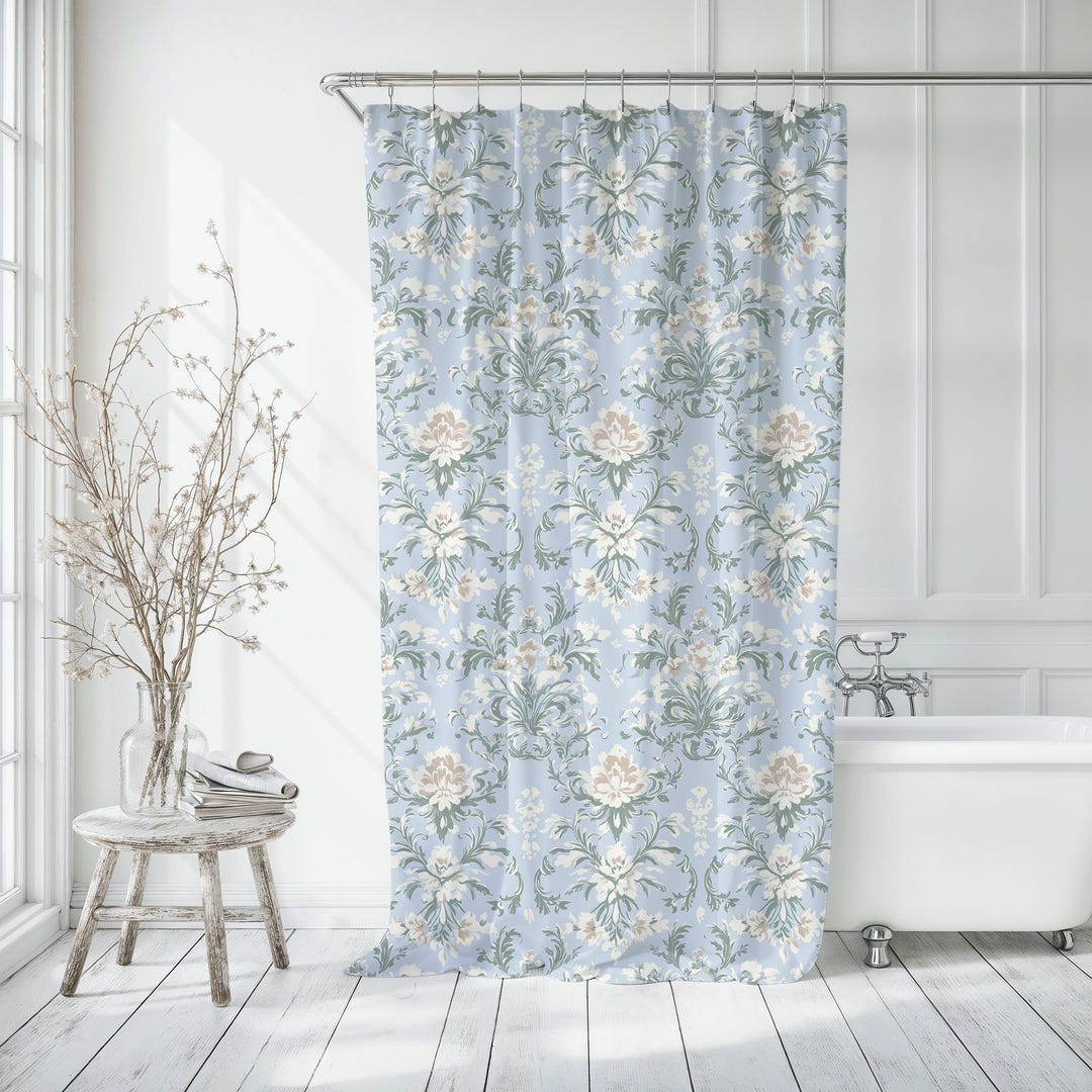 Blue Floral Shower Curtain, French Country Farmhouse Bathroom Decor ...
