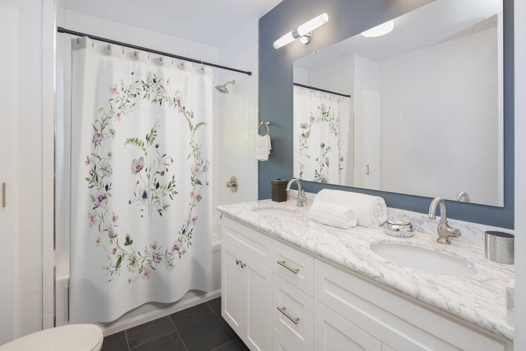 French Shower Curtains, Springtime Flowers White Fabric Shower Curtain ...