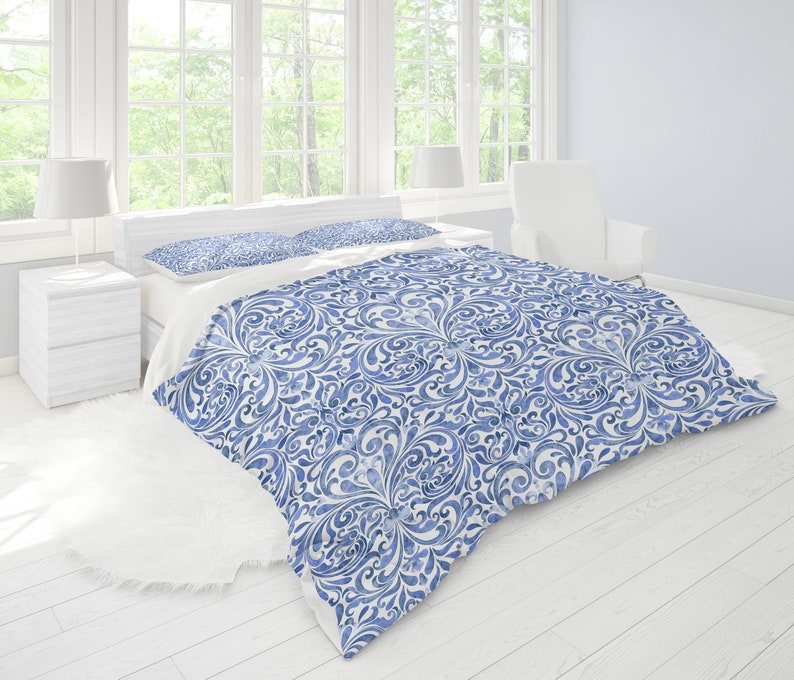 Queen Duvet Cover Blue and White Damask Art Print Duvet Cover King ...