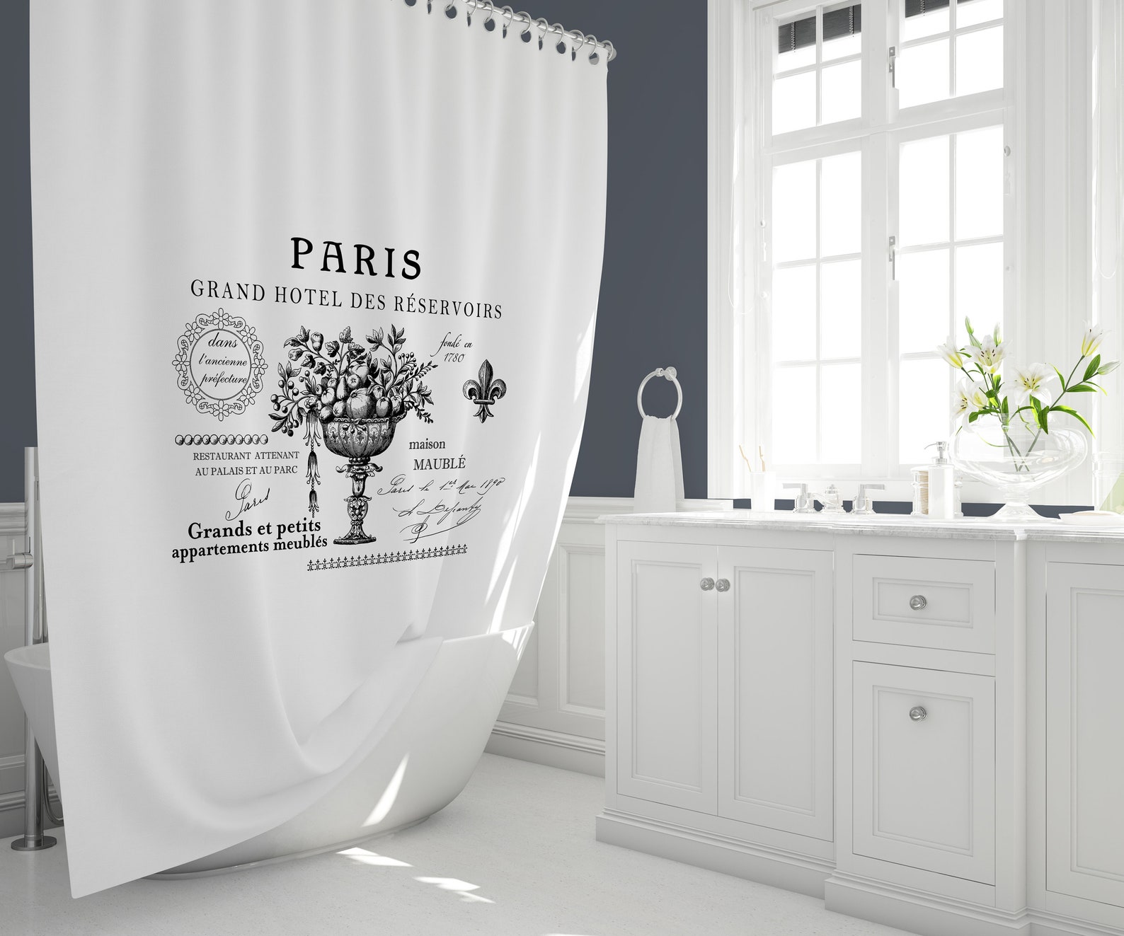 Hotel Paris Shower Curtains, French Country Vintage Design, White ...