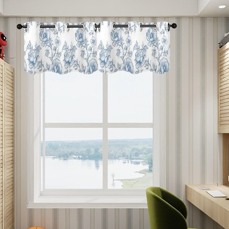 French Country Valance Curtains, One Panel in Blue and White Floral ...