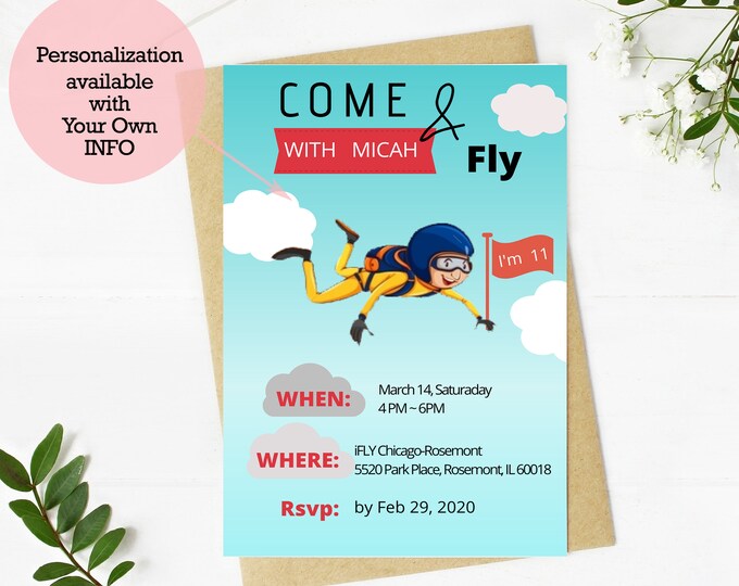 Sky Diving Birthday Invitations and Thank You Cards for Kids and Adults ...