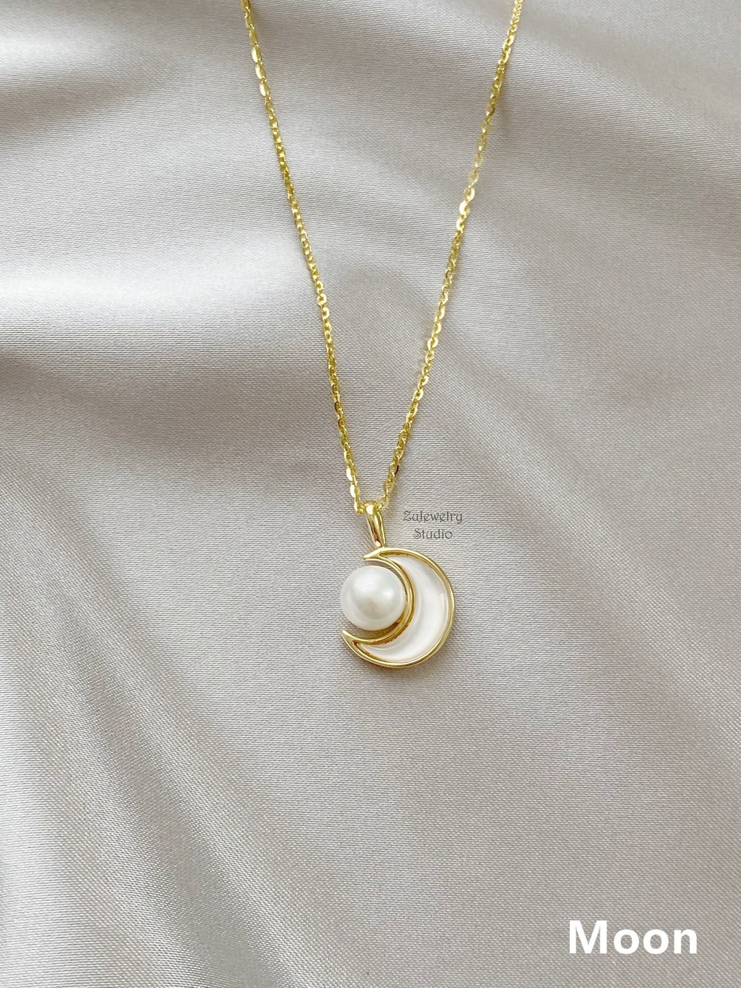 Pearl Moon Pendant, Crescent Moon Necklace, Star Necklace, Genuine ...
