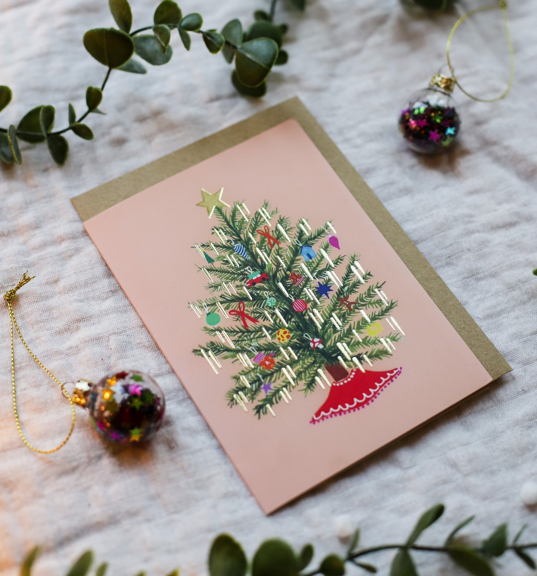 Gold Foiled Retro Illustrated Christmas Tree Card Vintage Christmas ...