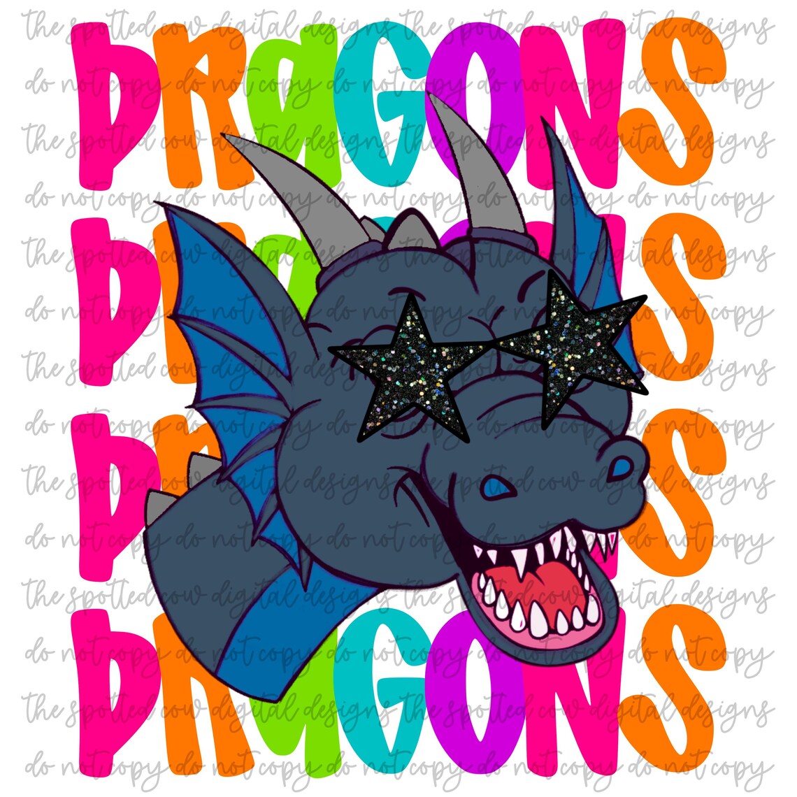 Preppy Neon Star-eyed Blue Dragons Mascot PNG - Etsy
