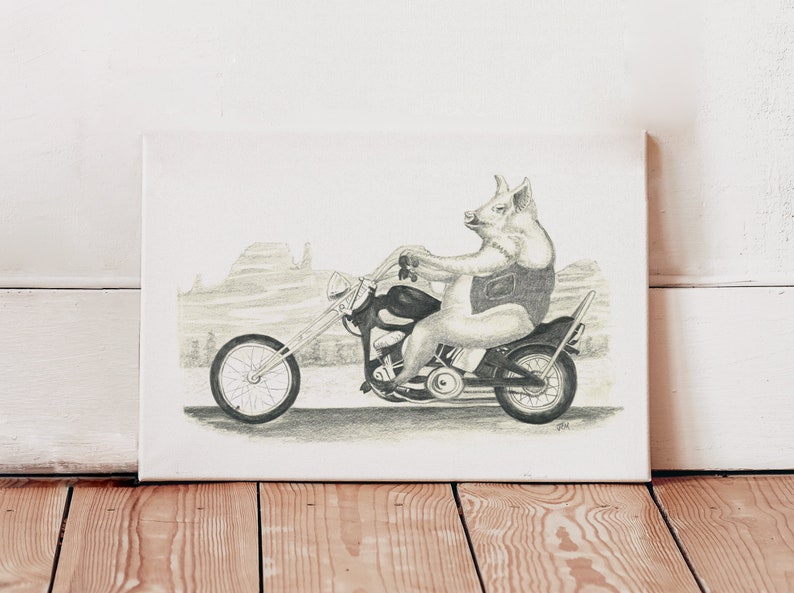 Hog Riding on Motorcycle Pencil Drawing - Etsy