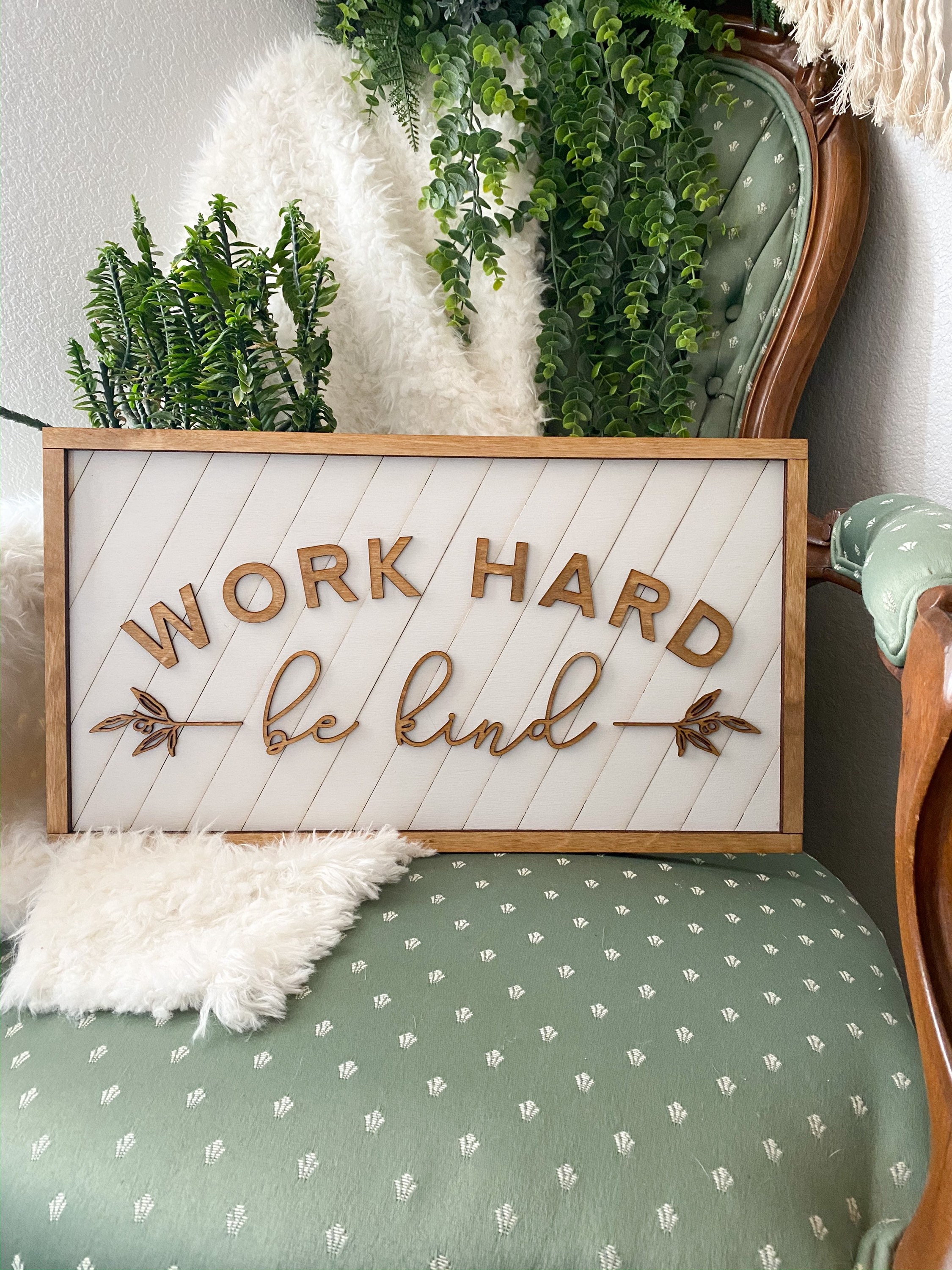 Work Hard Be Kind Wood Sign Rustic White Sign Floral Wood | Etsy