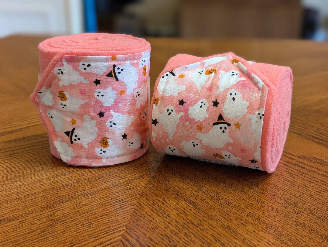 Polo Wraps, Pink Boo! Ghost Fabric Over Pink Fleece Stable Wraps, Set ...
