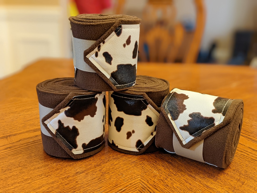 Brown Cow Print Polo Wraps, Cow Print Vinyl Over Warm Brown Fleece ...