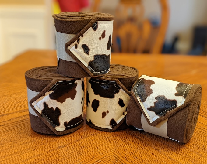 Brown Cow Print Polo Wraps, Cow Print Vinyl Over Warm Brown Fleece ...