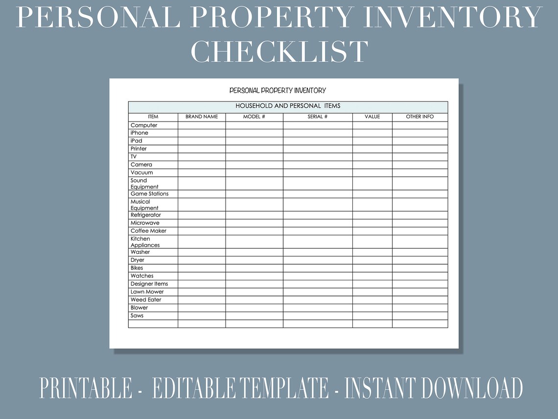Editable Personal Property Inventory Tracker Instant Download Editable ...