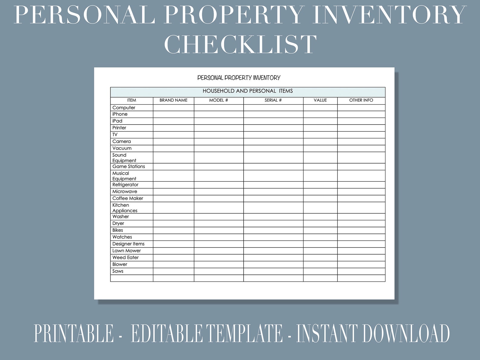 Editable Personal Property Inventory Tracker Instant Download Editable ...