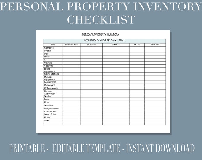 Editable Personal Property Inventory Tracker - Instant Download ...